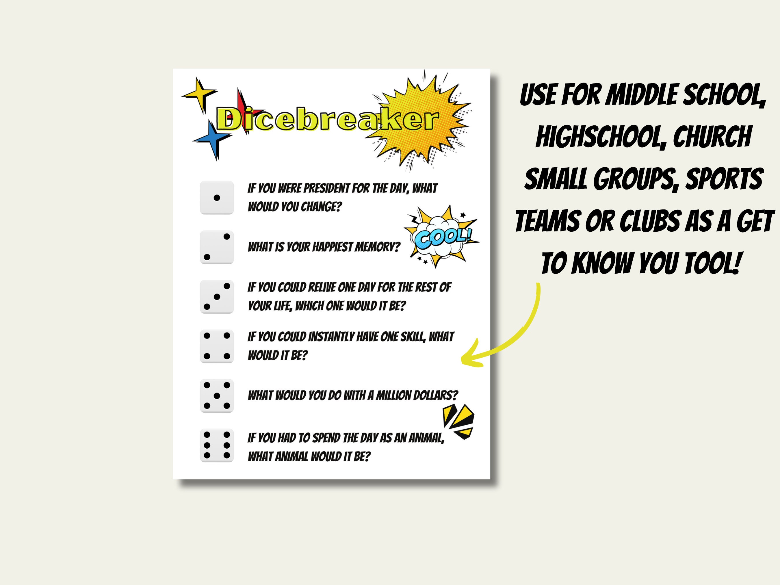 Dice Breaker Game Printable Youth Group Classroom Icebreaker Team ...