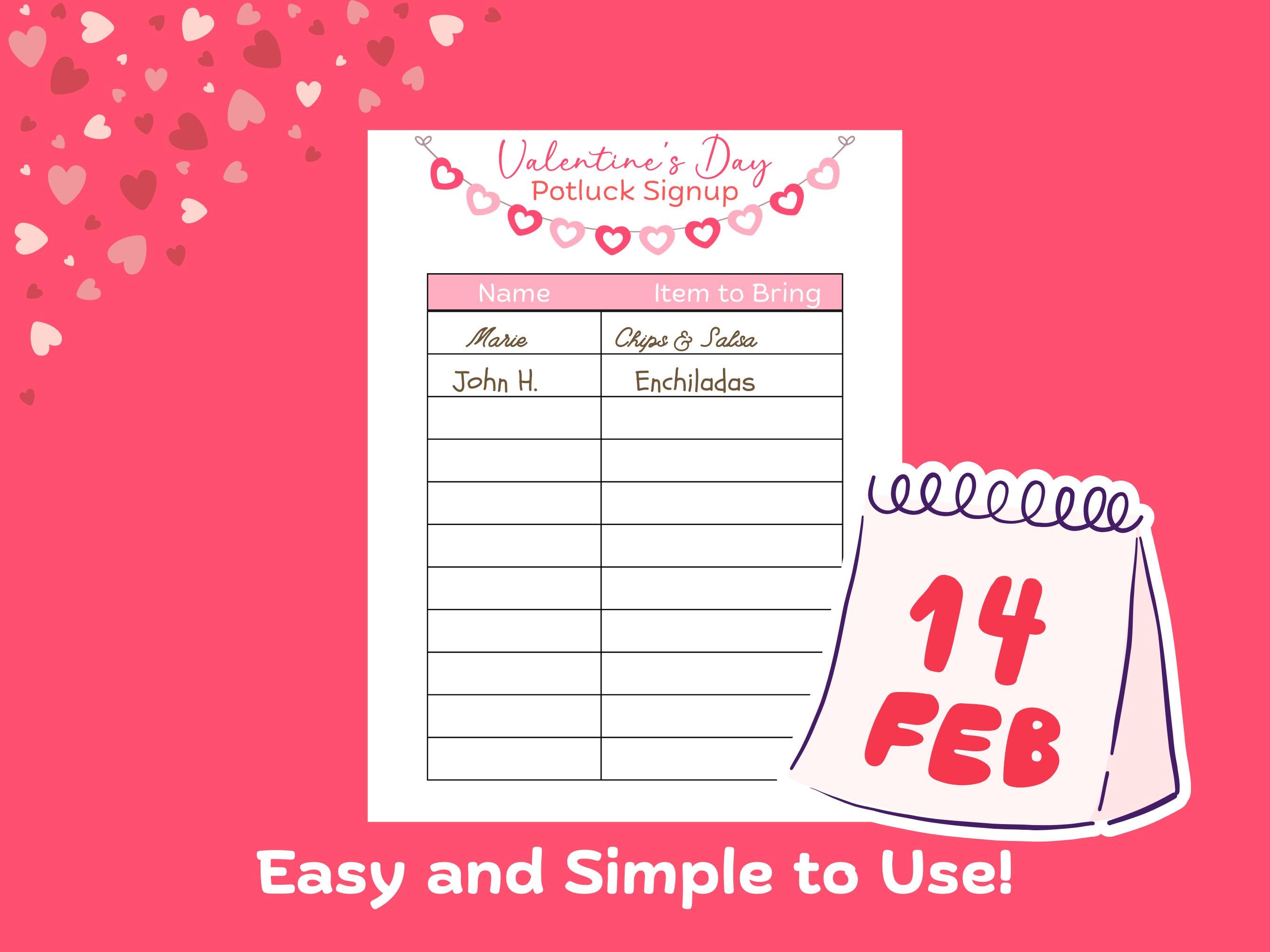 Valentine's Day Potluck Sign up Sheet Printable, Work Office Party ...