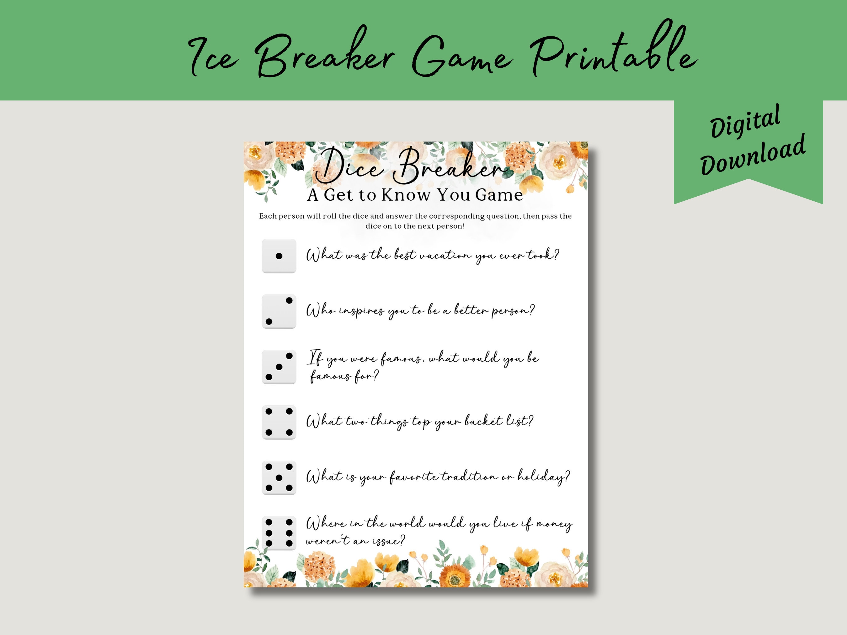 Ice Breaker Dice Game Printable: Get to Know You Activity (digital ...