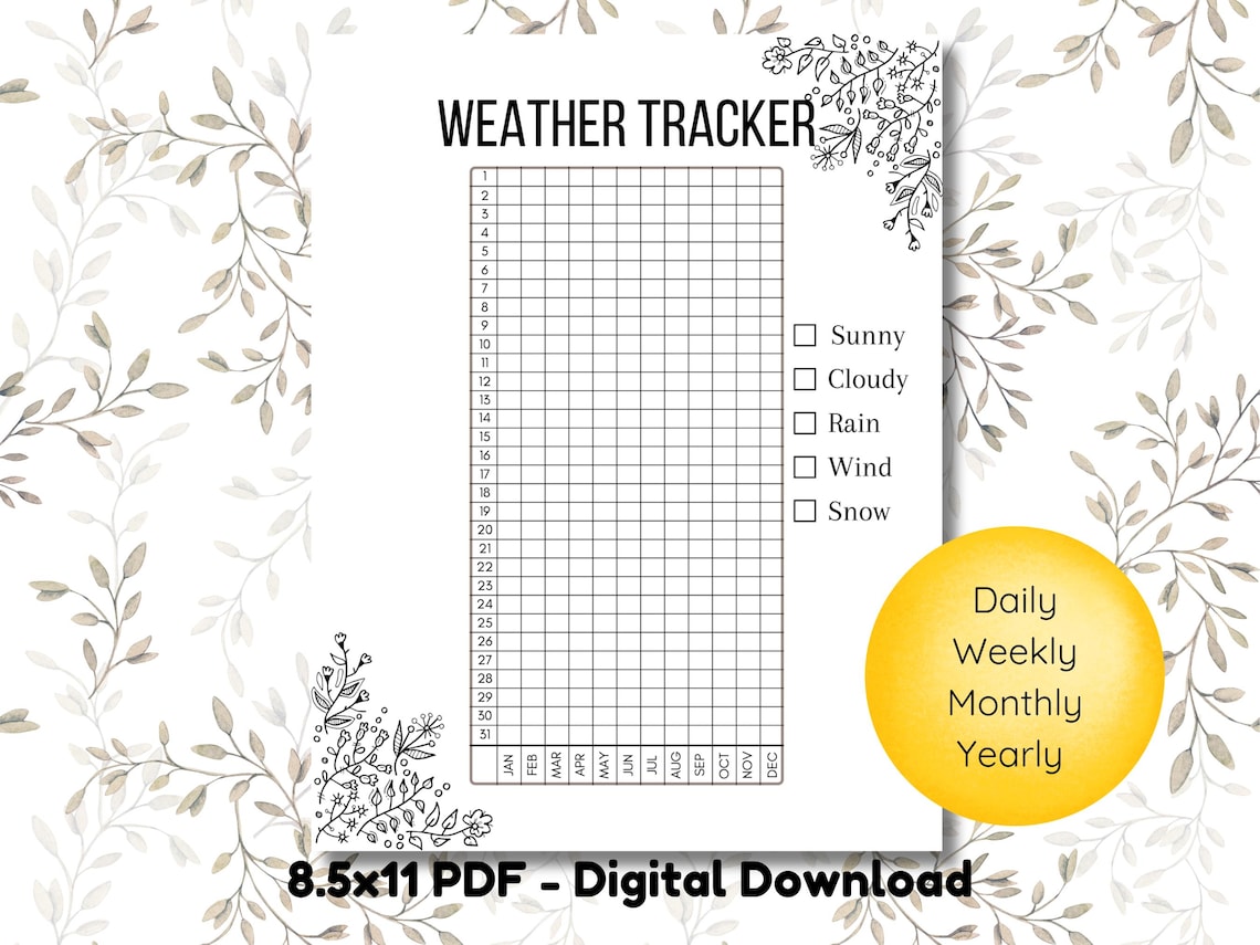 Daily Weather Tracker Chart Printable | New Year Weather Graph Weekly ...