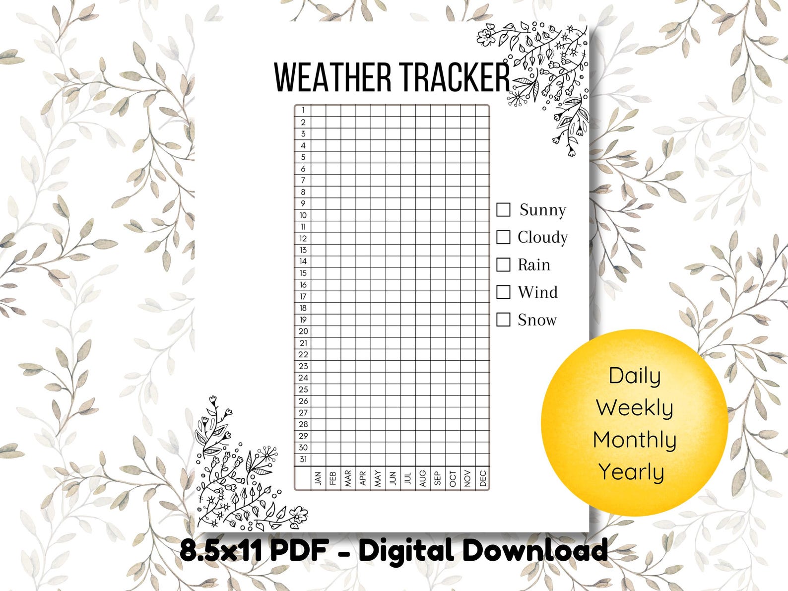 Daily Weather Tracker Chart Printable | New Year Weather Graph Weekly ...