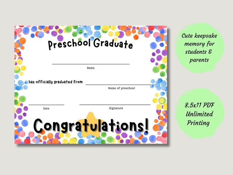 Preschool Graduation Certificate: Colorful Keepsake Award (digital ...