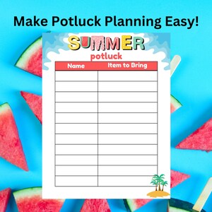 Summer Potluck Signup Sheet Printable for Office Group Party | Summer ...