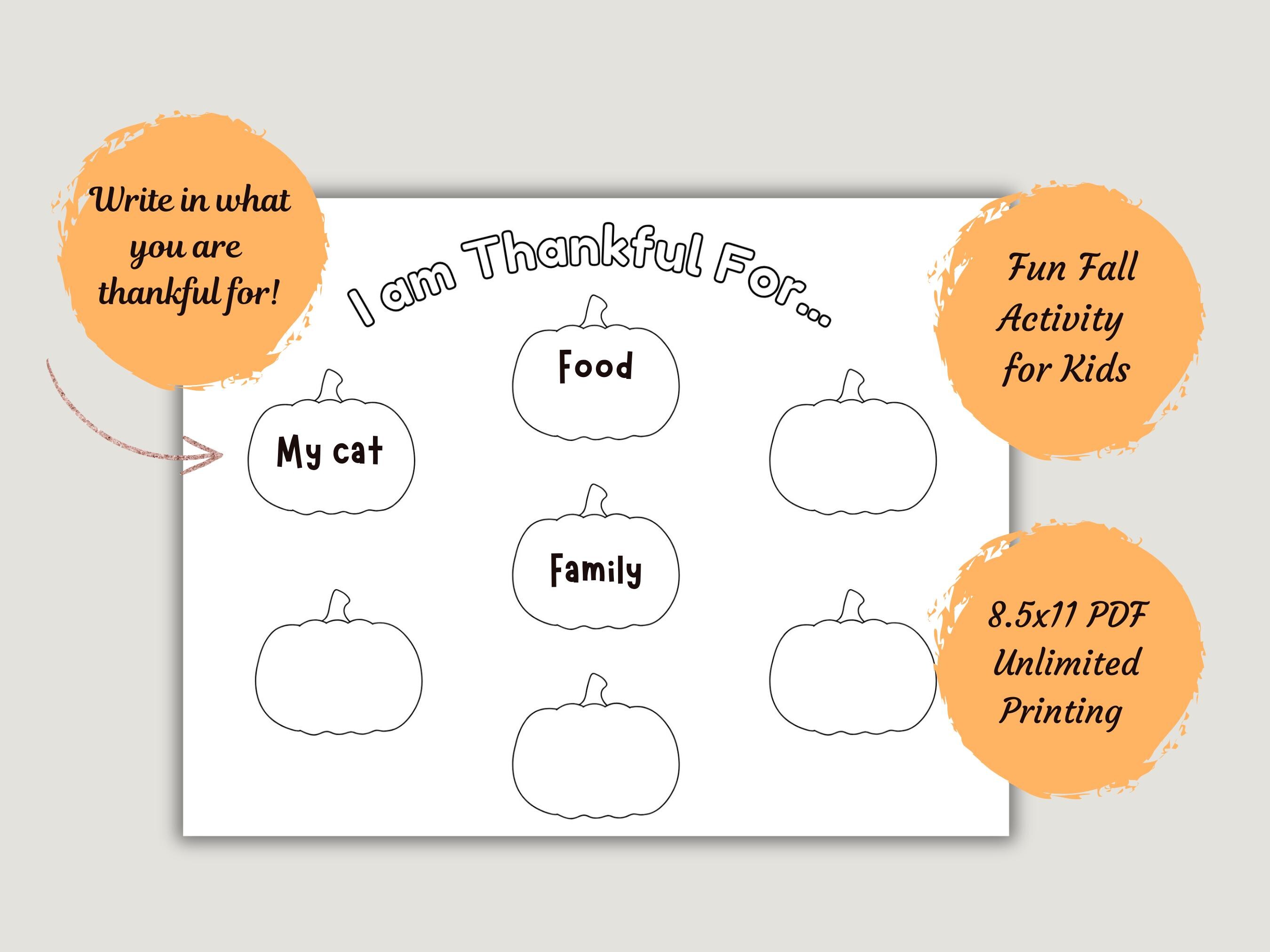 Grateful Thankful List Printable Activity for Kids - Thanksgiving Pumpkin Thankful Project for ...