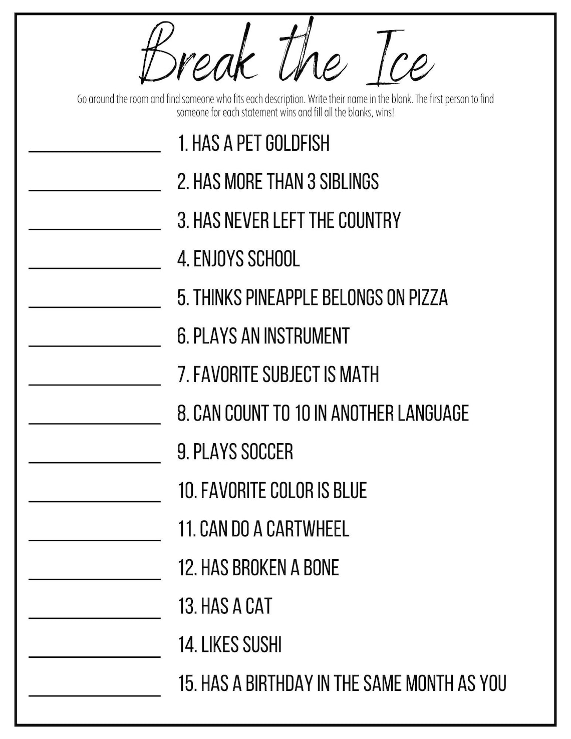 Ice Breaker Group Game Printable | Youth Group or Classroom Mixer or ...