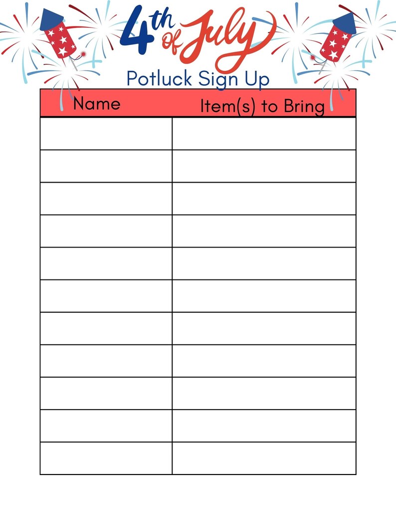 4th of July Potluck Signup Sheet Printable for Office Group Party or ...
