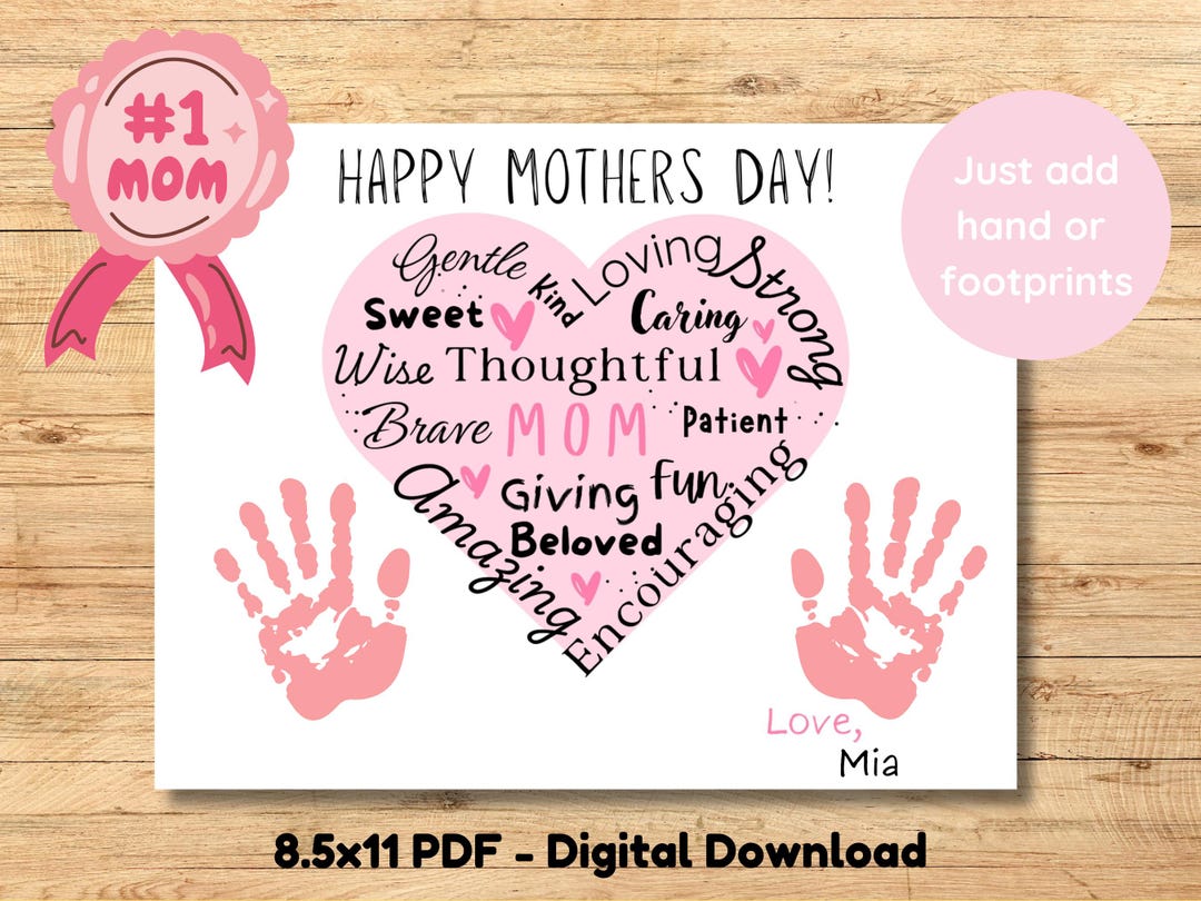 Mother's Day Kids Handprint Craft Printable Heart Gift for Mom Keepsake ...