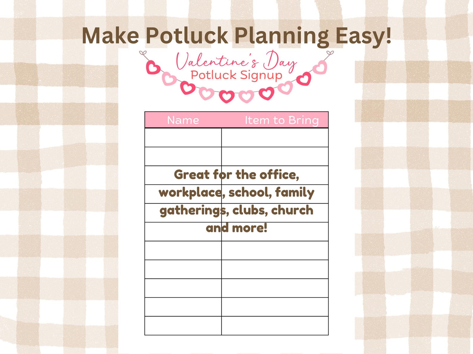Valentine's Day Potluck Sign up Sheet Printable, Work Office Party ...