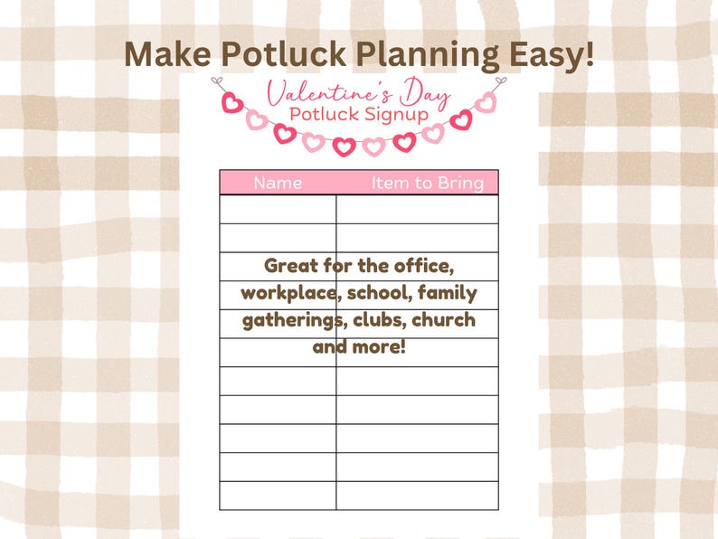 Valentine's Day Potluck Sign up Sheet Printable, Work Office Party ...