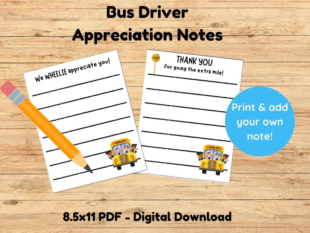 School Bus Driver Appreciation Printable Note Cards, Blank Thank You ...