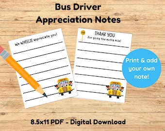 Cute School Bus Driver Appreciation Note/ Thank You Card, Class ...