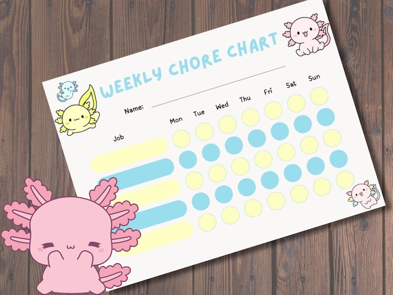Axolotl Chore Chart Printable for Kids Boys & Girls Axolotl Weekly Job ...