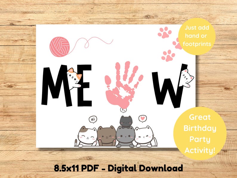 Kitty Cat Handprint Birthday Party Craft: Kids Art Activity (PDF) - Etsy