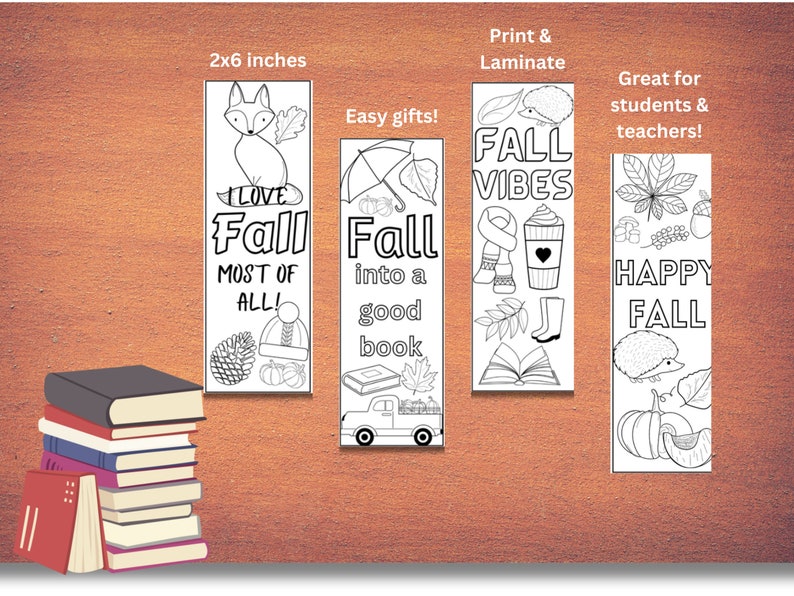 Printable Coloring Fall Bookmarks - Set of 4 Cute Bookmarks - Students ...