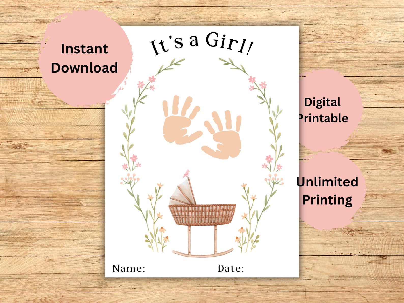 Newborn Baby Girl Handprint Craft: Keepsake Memory Gift (digital ...