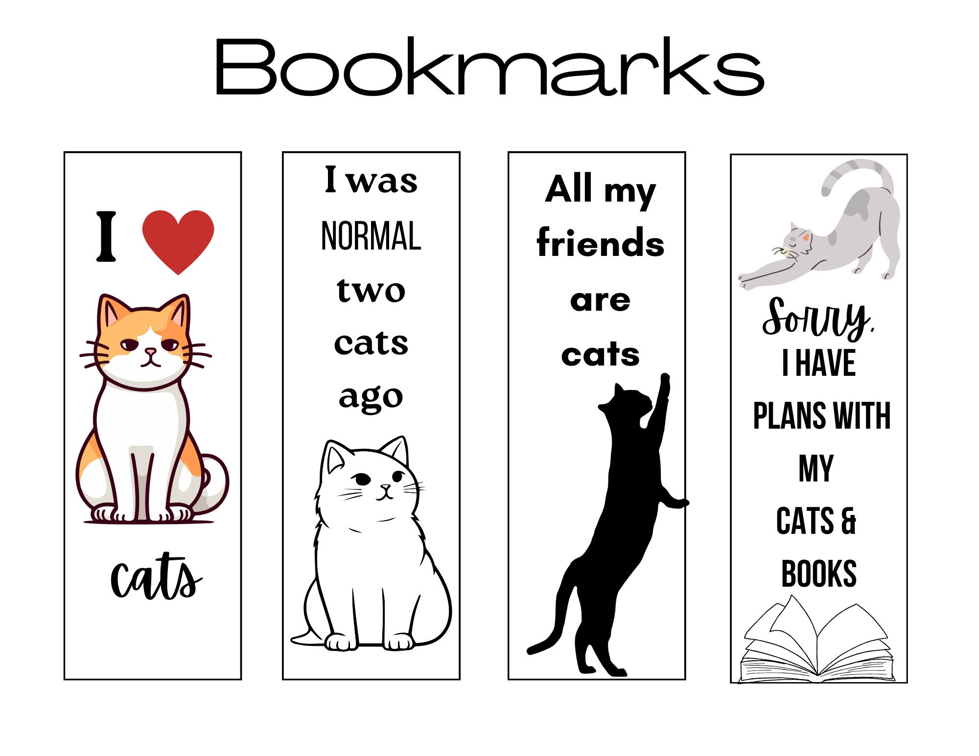 Printable Kitty Cat Bookmarks Set of 4 Gift Idea for Readers Cat Lover ...