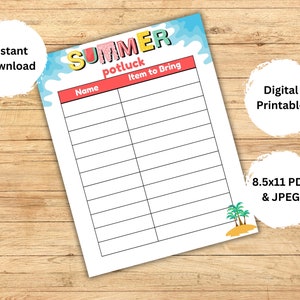 Summer Potluck Signup Sheet Printable for Office Group Party | Summer ...
