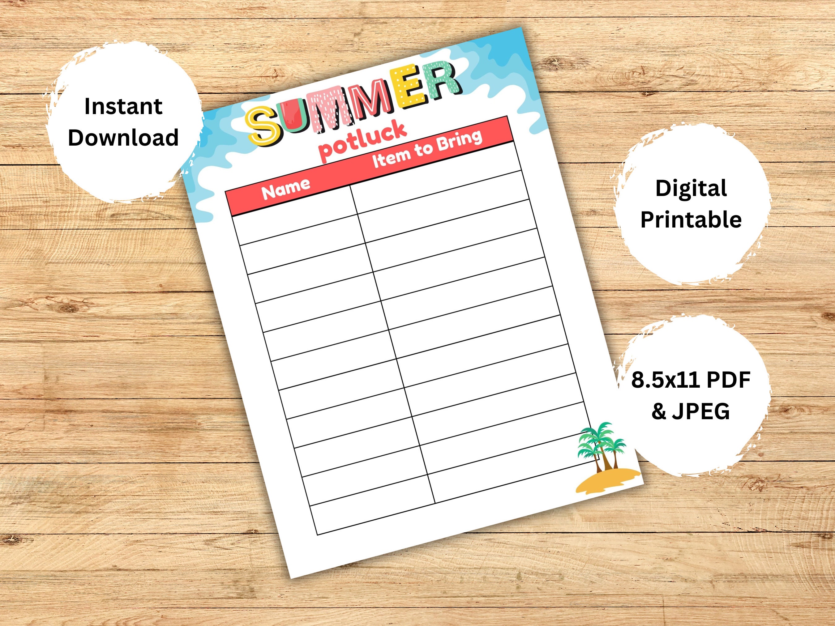 Summer Potluck Signup Sheet Printable for Office Group Party | Summer ...