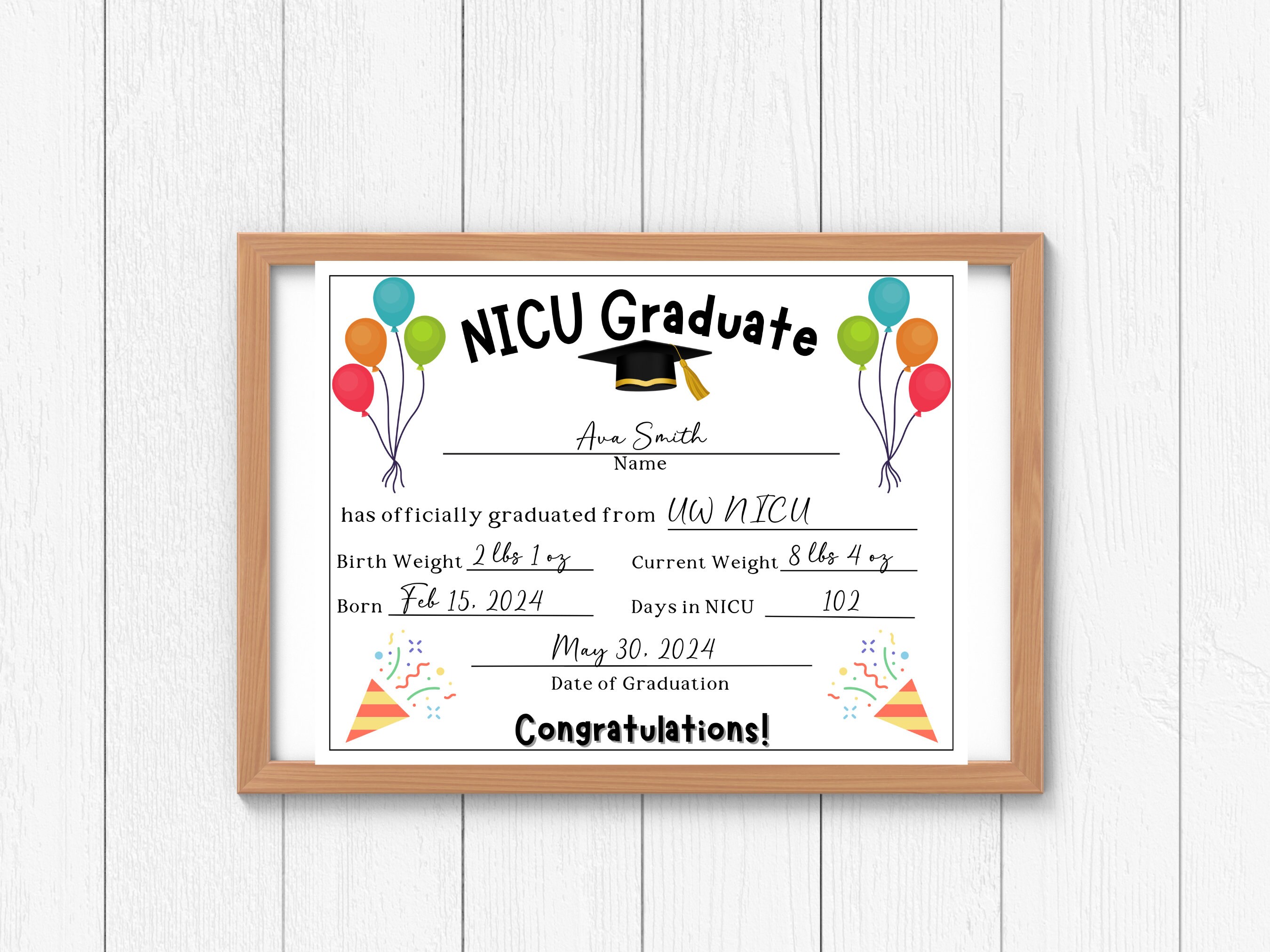 Preemie NICU Baby Graduation Certificate for NICU Parents Boy or Girl ...