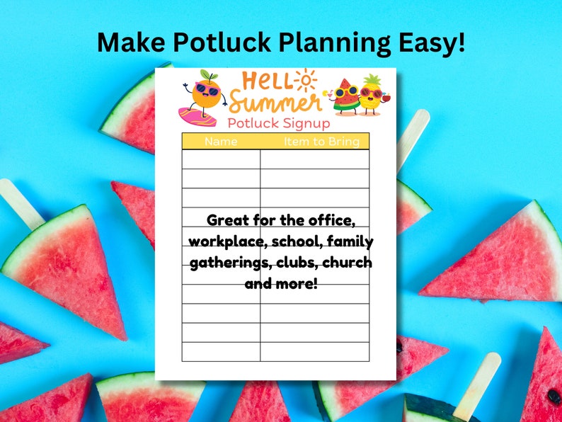 Summer Potluck Signup Sheet Printable for Office Group Party | Summer ...