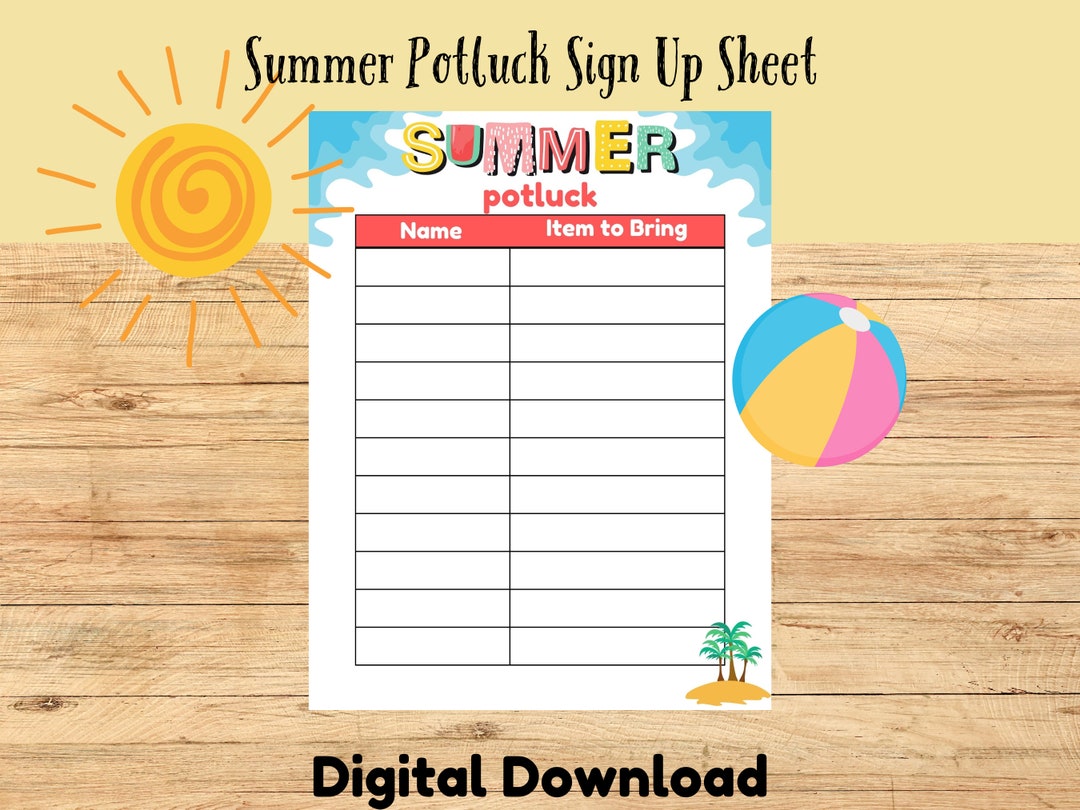 Summer Potluck Signup Sheet Printable for Office Group Party | Summer ...