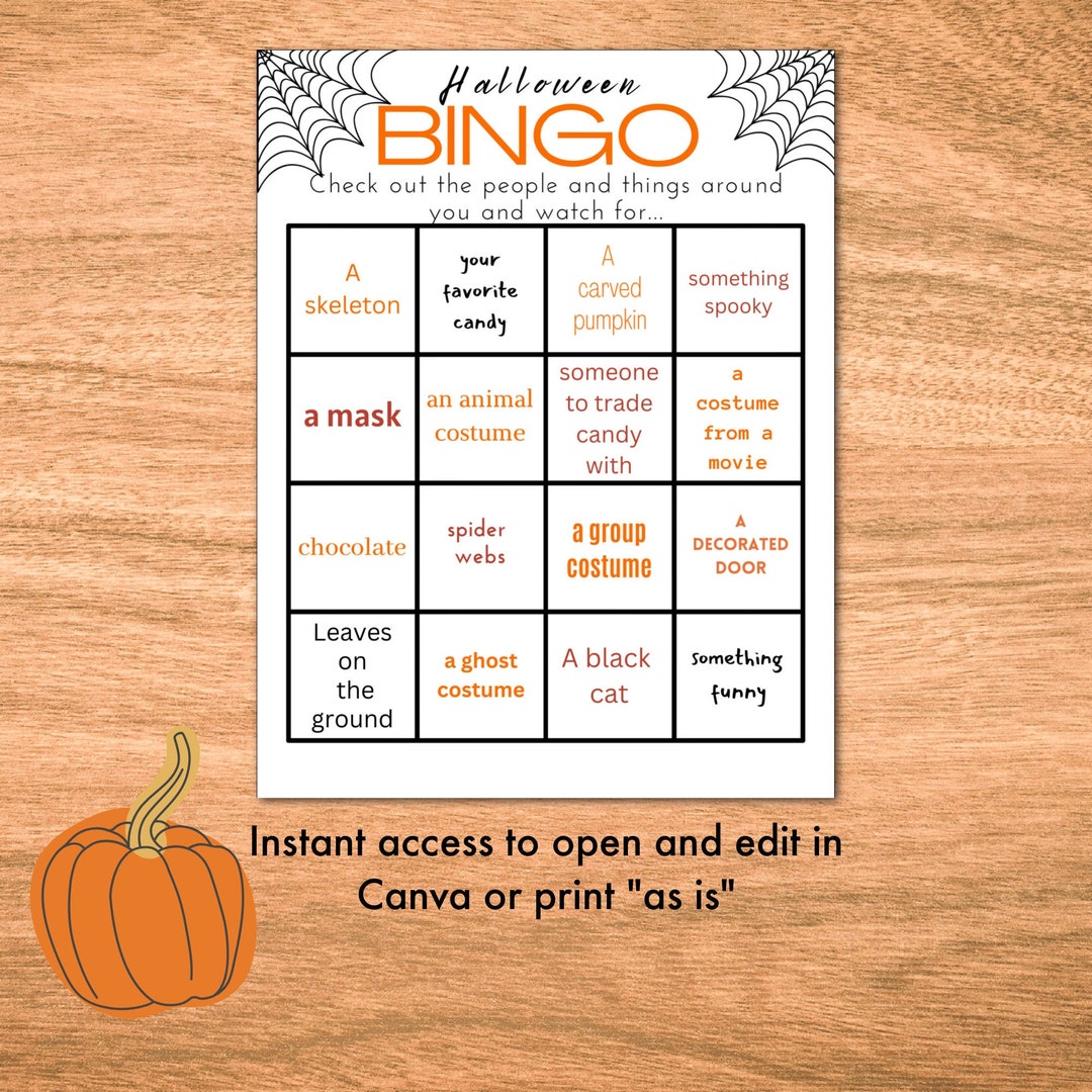 Halloween October Bingo Scavenger Hunt Sheet Game - Editable in Canva ...