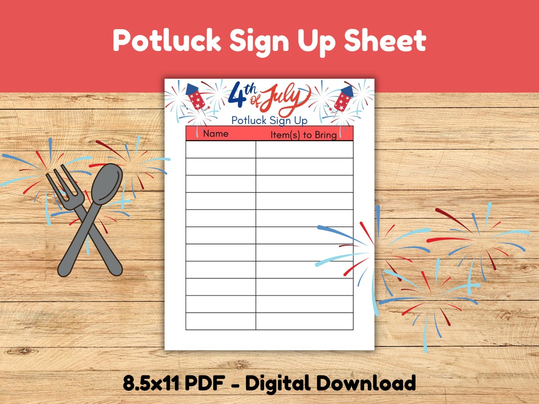4th of July Potluck Signup Sheet Printable for Office Group Party or ...