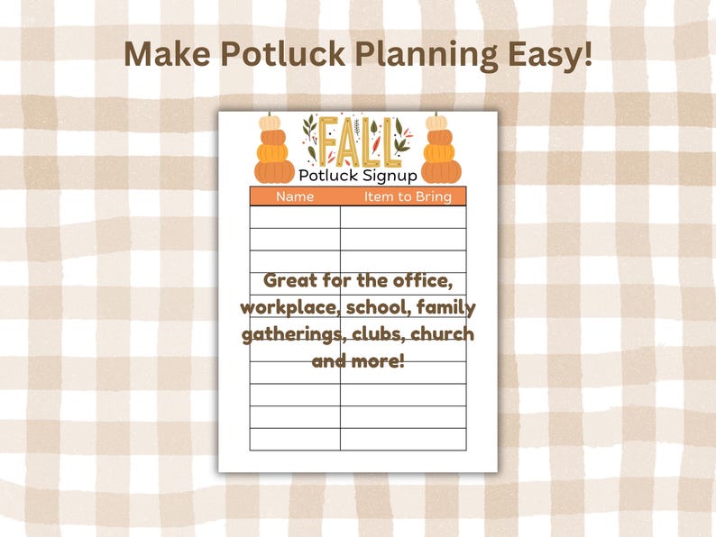 Fall Autumn Printable Potluck Sign up Sheet, Job Office or Church Party ...