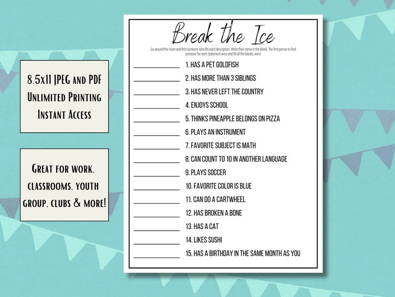 Ice Breaker Group Game Printable Youth Group Activity Classroom Mixer ...