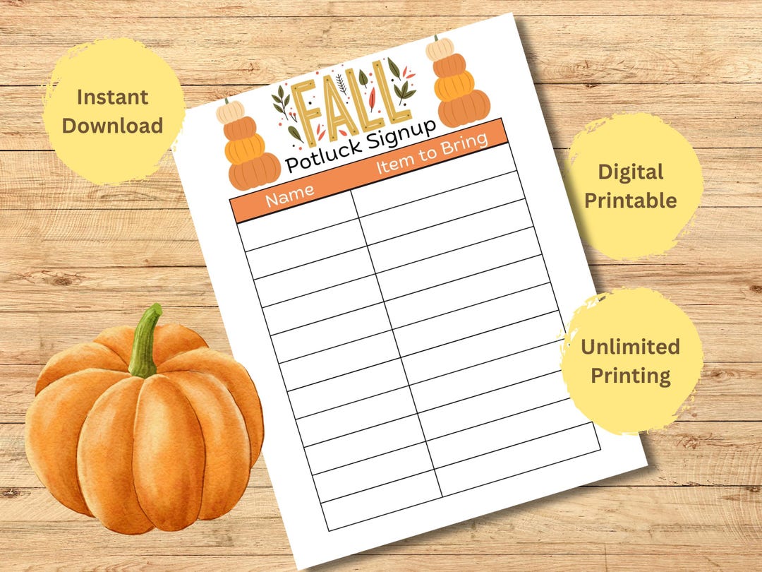 Fall Autumn Printable Potluck Sign up Sheet, Job Office or Church Party ...
