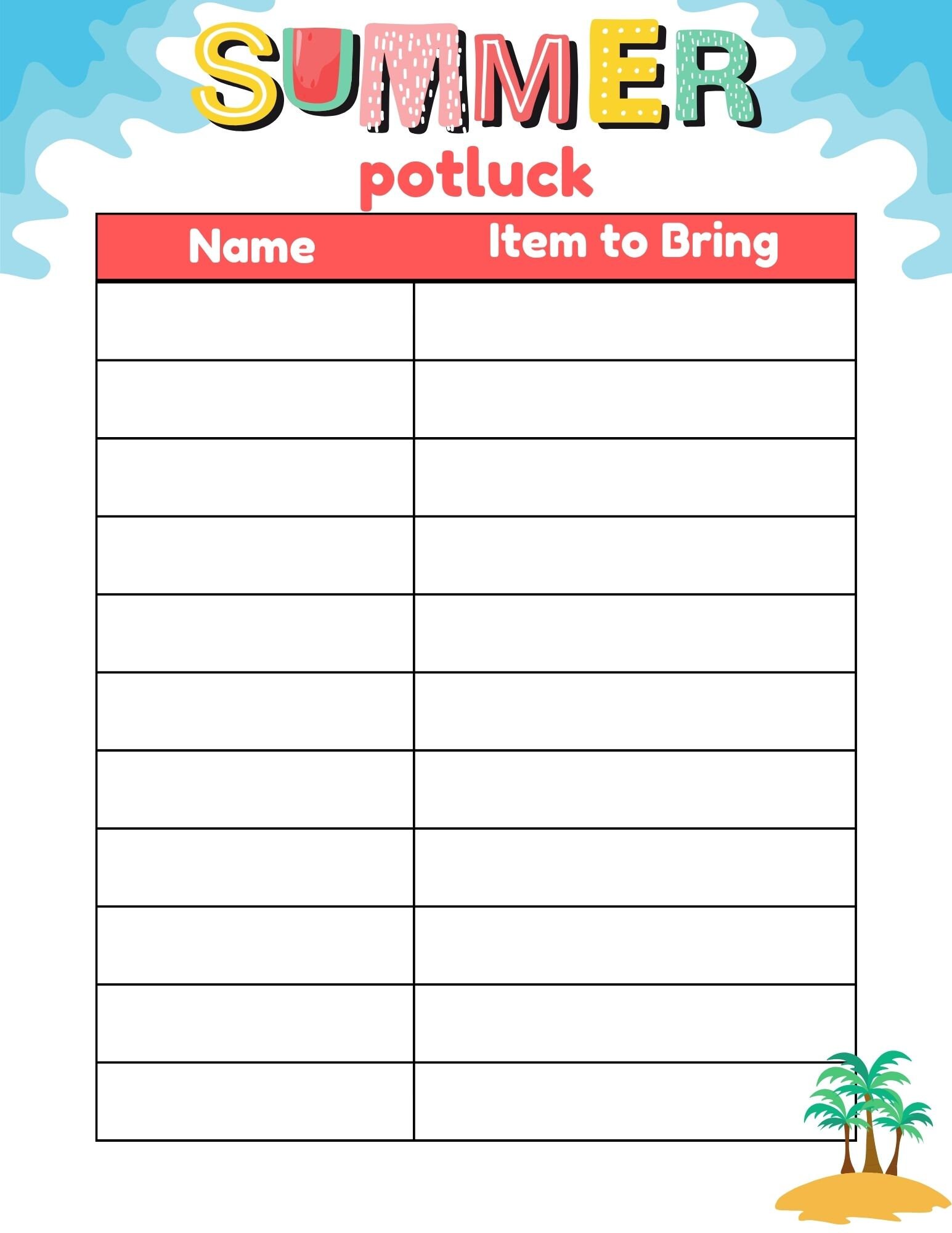 Summer Potluck Signup Sheet Printable for Office Group Party | Summer ...