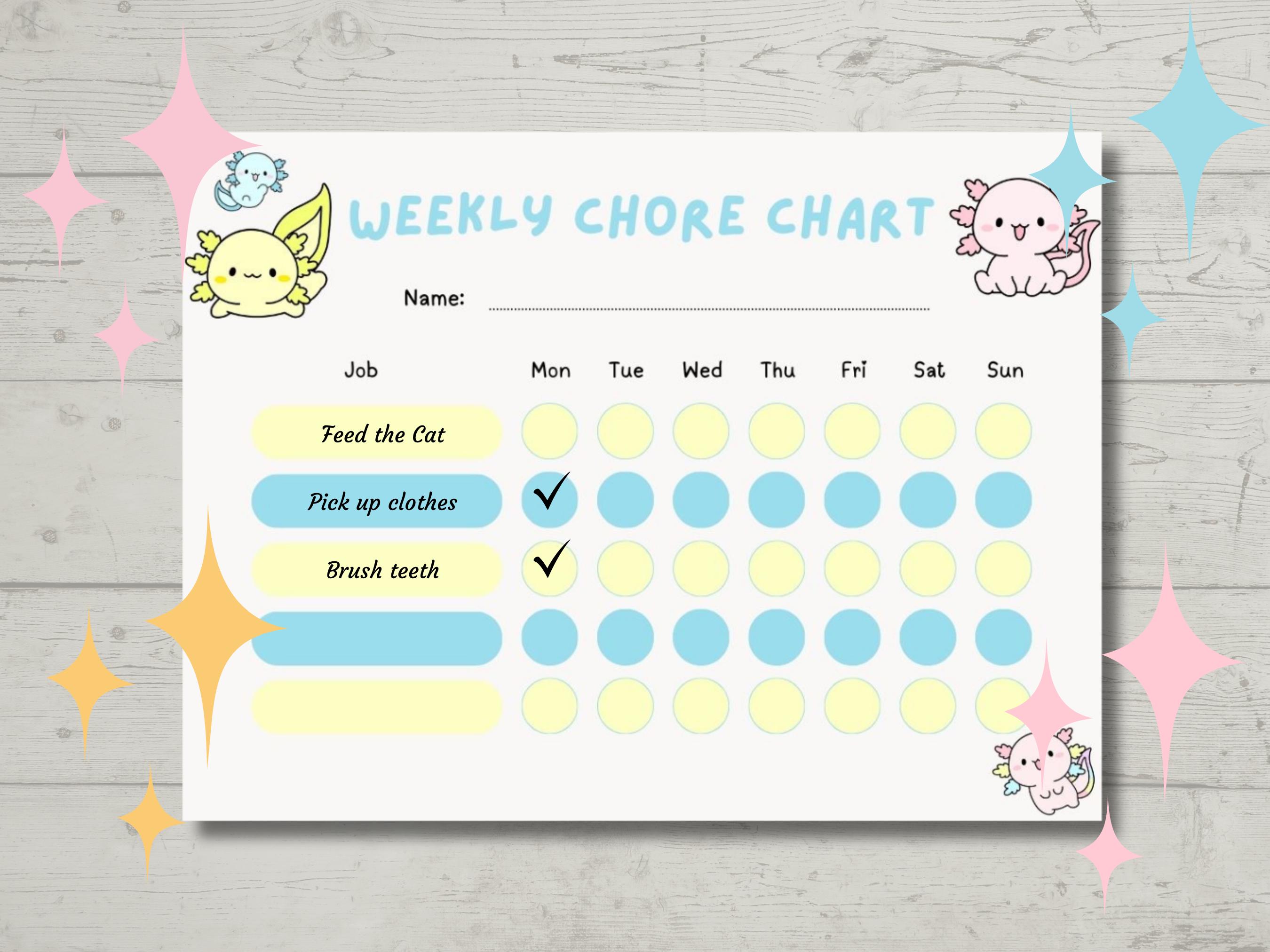 Axolotl Chore Chart Printable for Kids Boys & Girls Axolotl Weekly Job ...