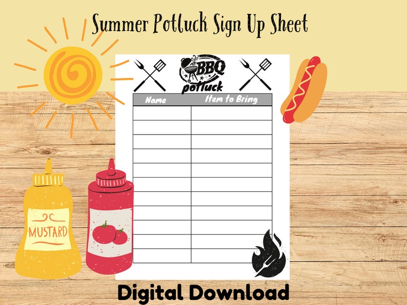 Summer BBQ Potluck Signup Sheet Printable for Office Group Party ...