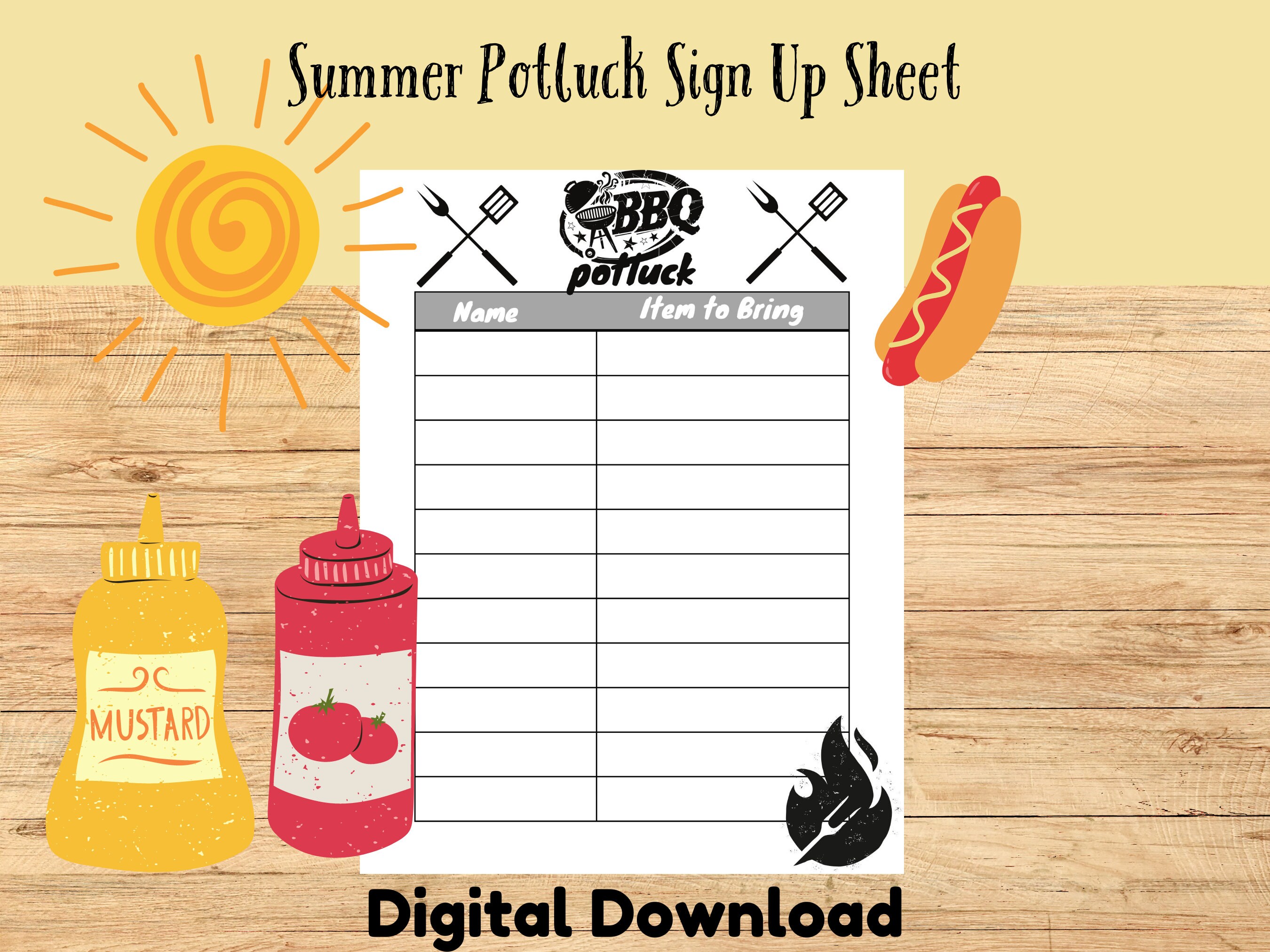 Summer BBQ Potluck Signup Sheet Printable for Office Group Party ...