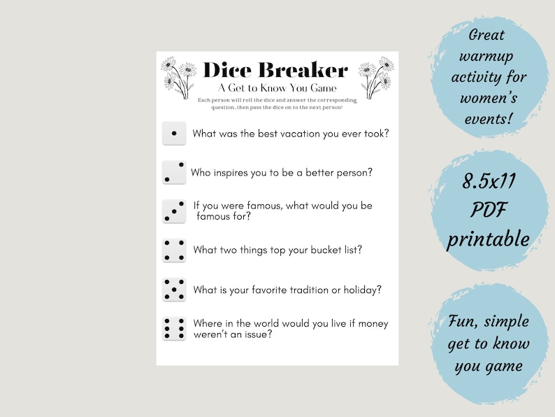 Ice Breaker Group Game Printable Gathering Dicebreaker Activity Mixer ...