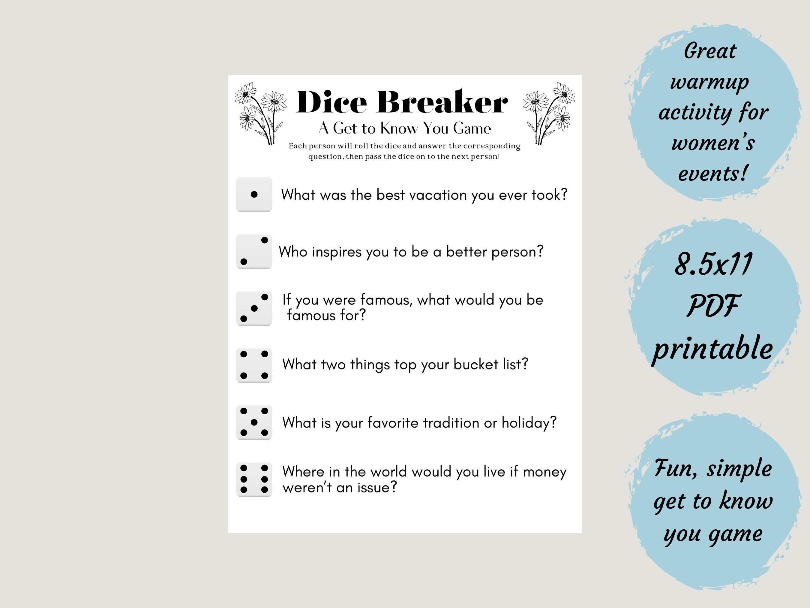 Ice Breaker Group Game Printable Gathering Dicebreaker Activity Mixer ...