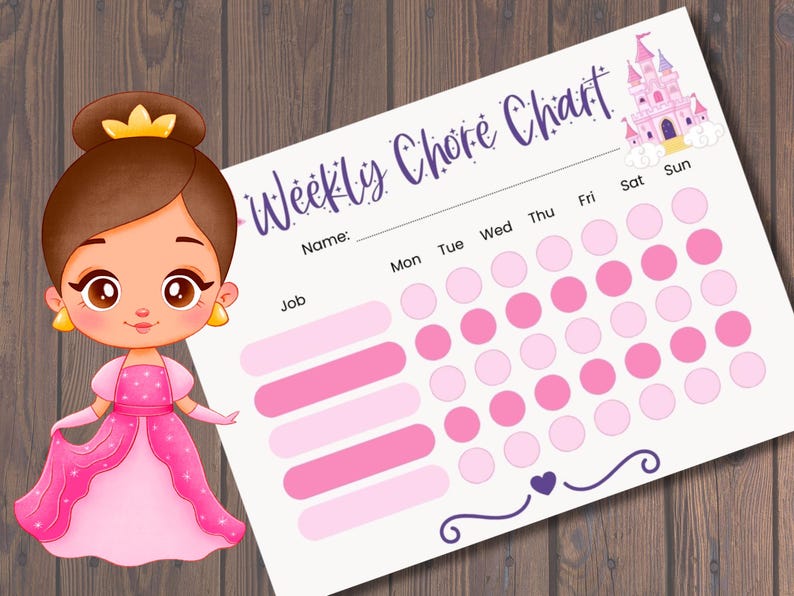 Princess Chore Chart Printable for Kids - Girls Pink Princess Weekly ...
