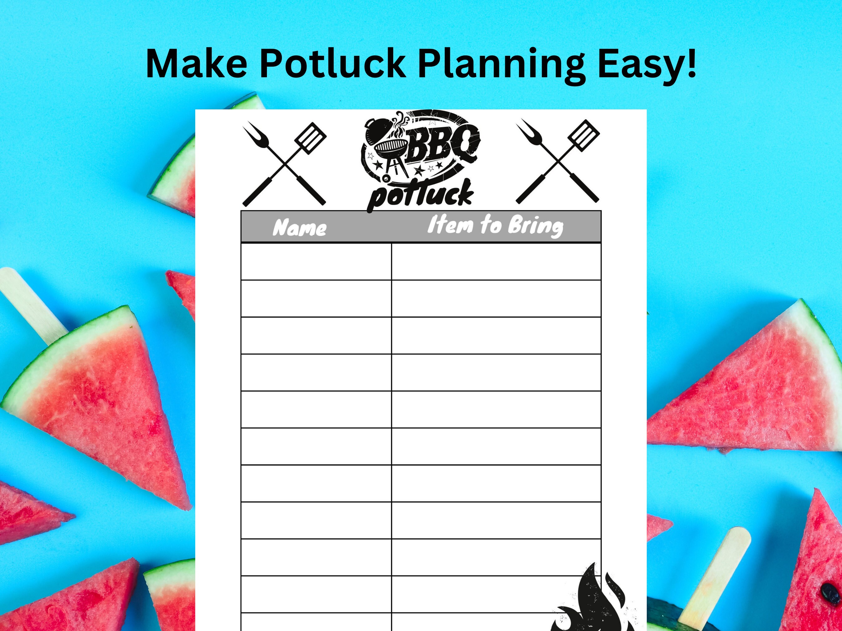 Summer BBQ Potluck Signup Sheet Printable for Office Group Party ...