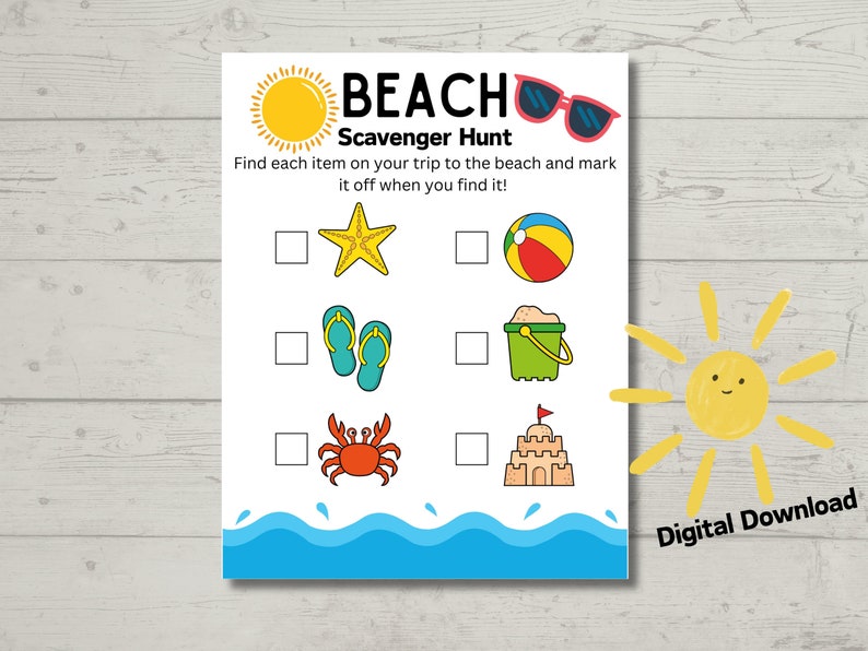 Beach Scavenger Hunt Printable Game for Kids Summer Beach Day Activity ...