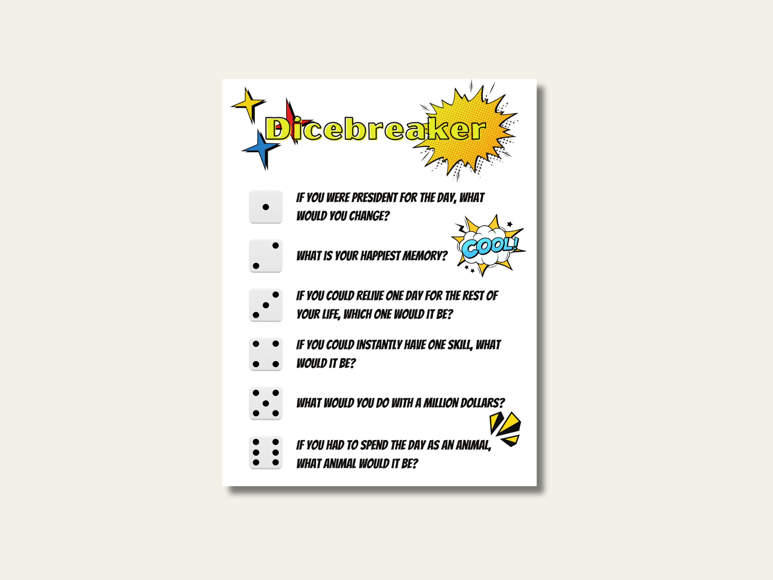 Dice Breaker Game Printable Youth Group Classroom Icebreaker Team ...