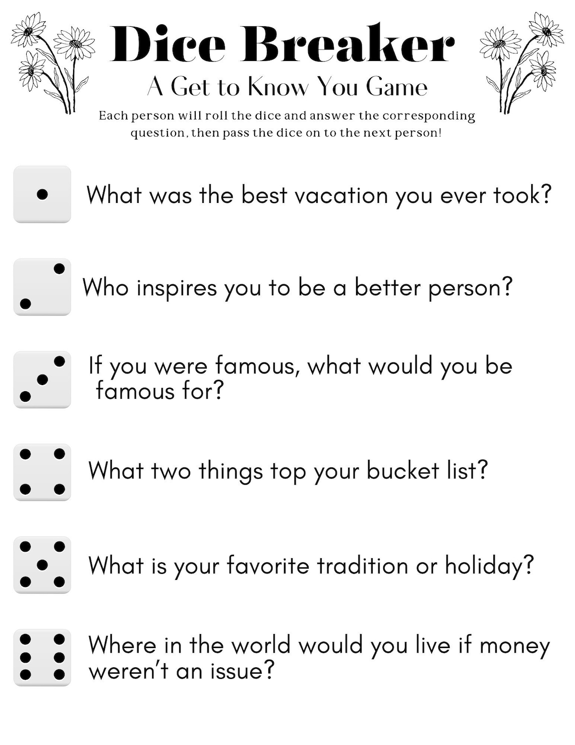 Ice Breaker Group Game Printable Gathering Dicebreaker Activity Mixer ...