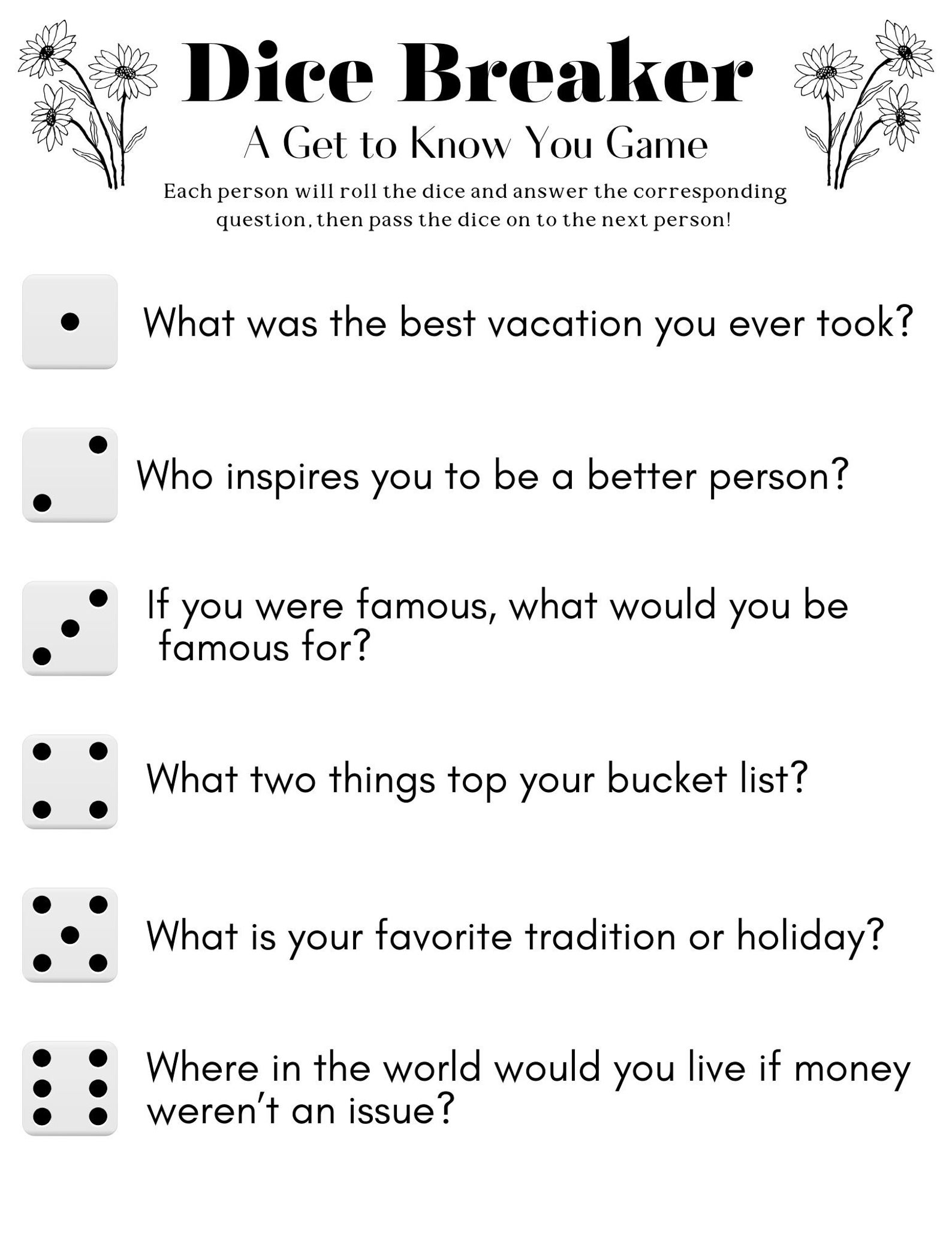 Ice Breaker Group Game Printable Gathering Dicebreaker Activity Mixer ...