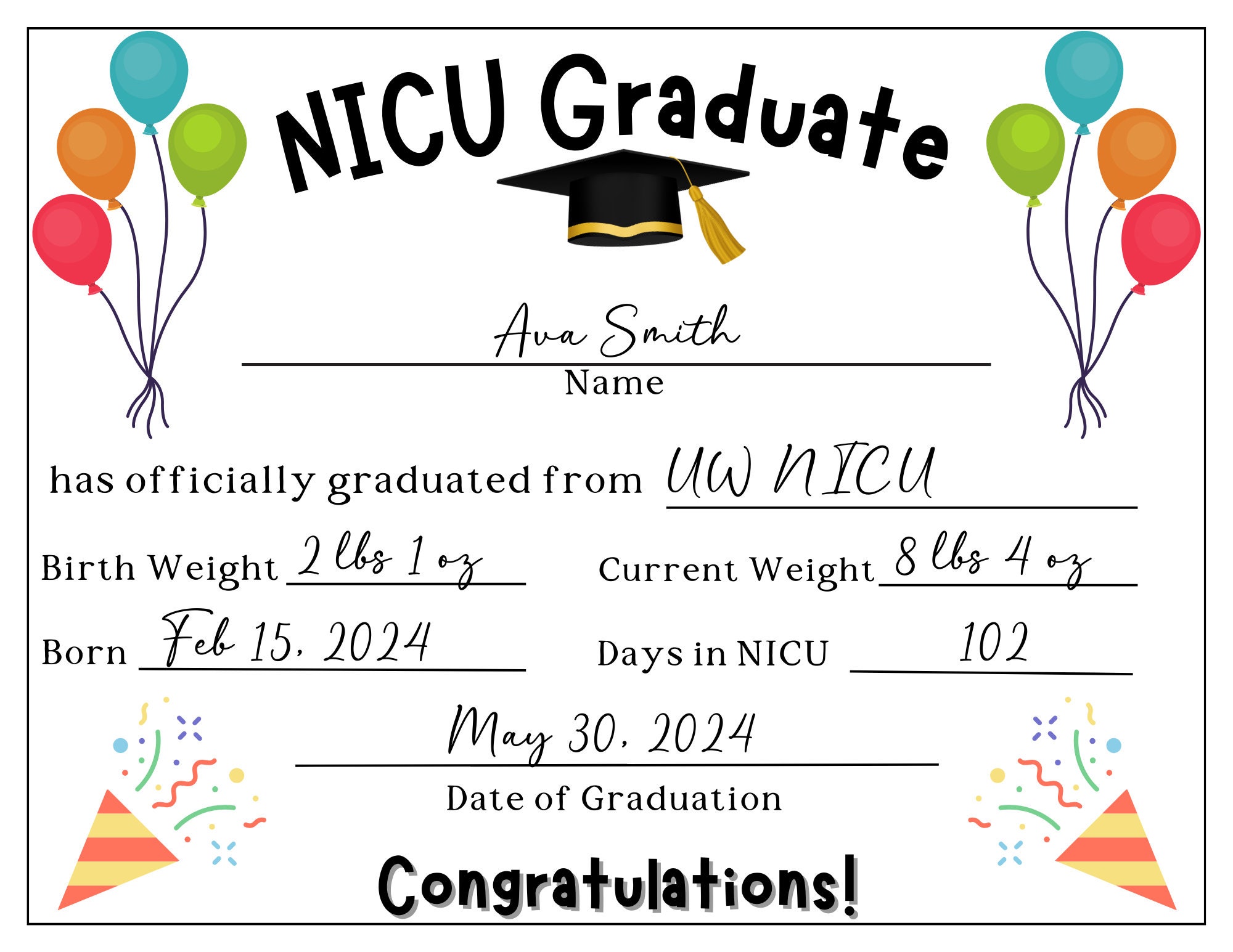 Preemie NICU Baby Graduation Certificate for NICU Parents Boy or Girl ...