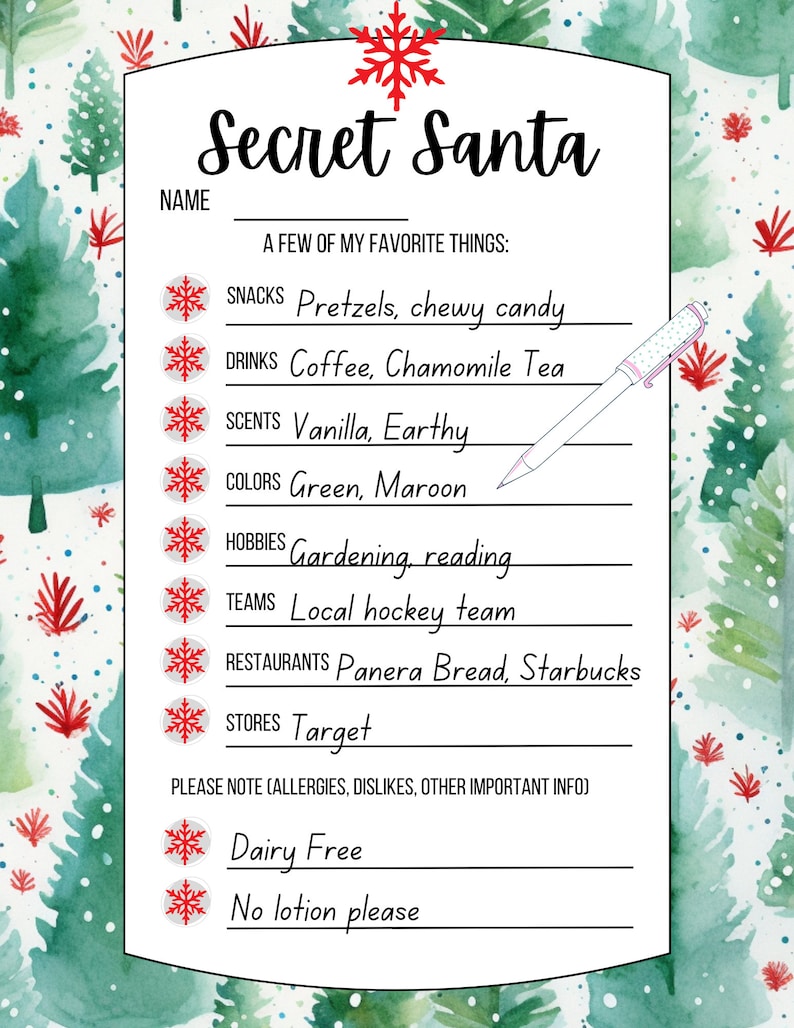 Secret Santa Gift Exchange Form - for Coworkers, Office, Family, or ...