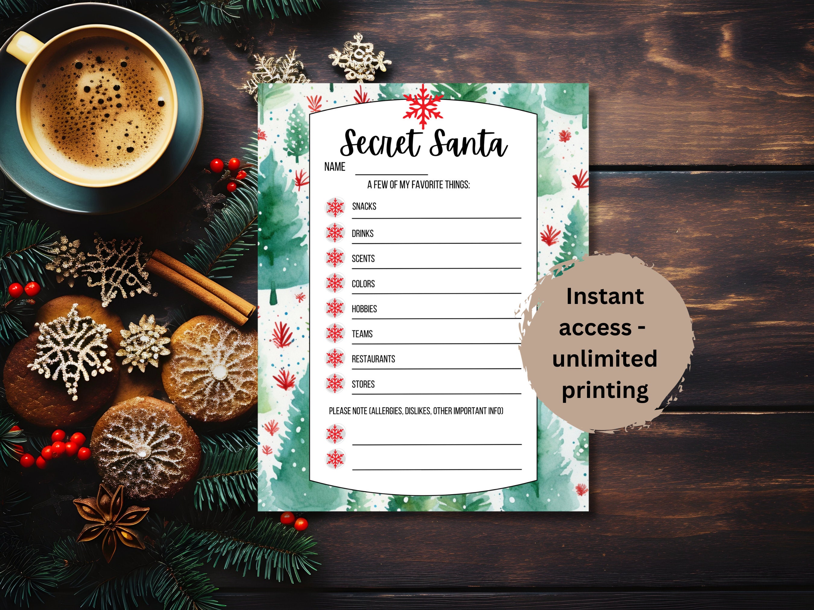 Secret Santa Gift Exchange Form for Coworkers, Office, Family, or ...