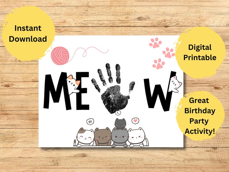 Kitty Cat Handprint Craft Printable Birthday Party Activity, Great for ...