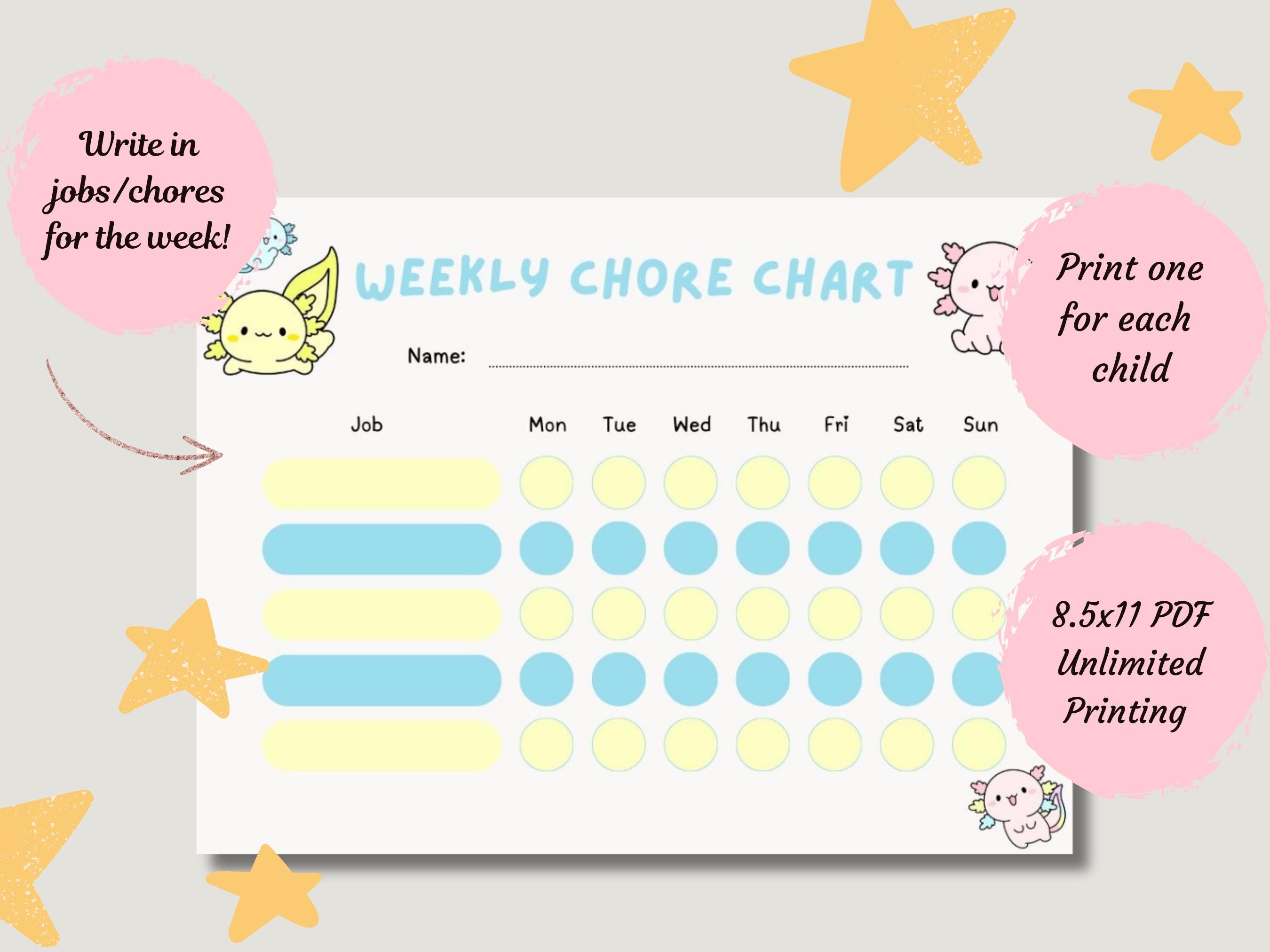 Axolotl Chore Chart Printable for Kids Boys & Girls Axolotl Weekly Job ...