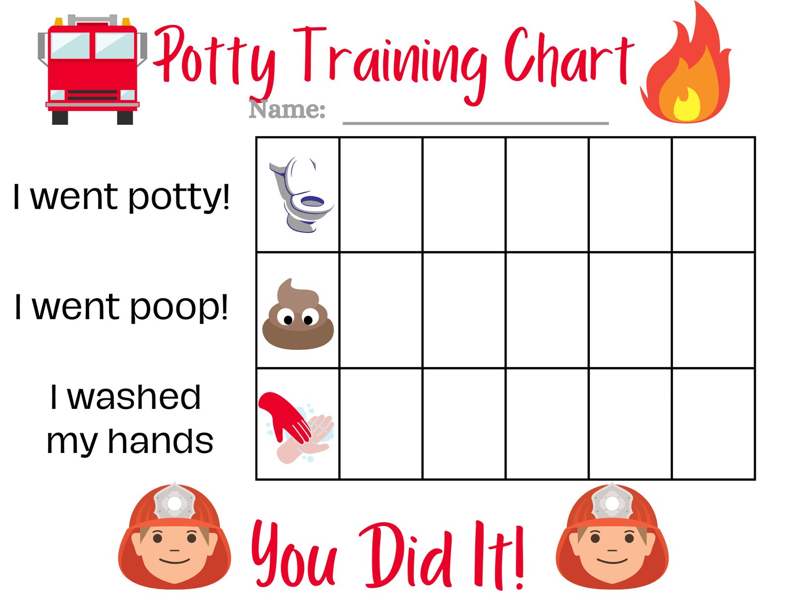 Toddler Potty Training Chart Boys Potty Training Visual fire Trucks ...