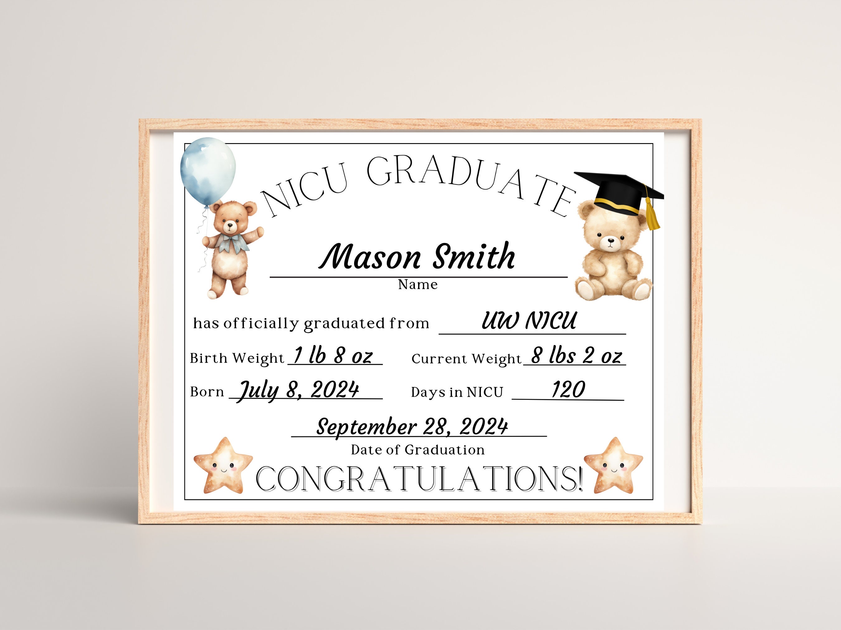 Preemie NICU Baby Boy Graduation Certificate for NICU Parents Preemie ...