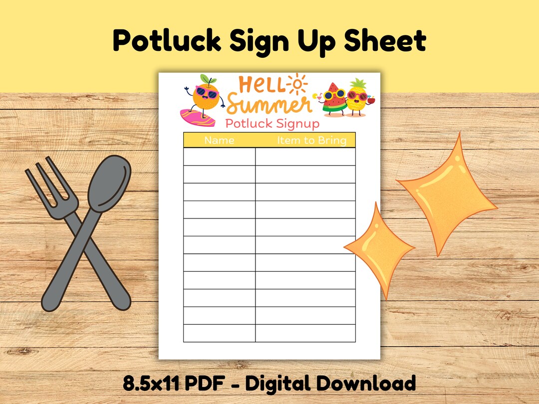 Summer Potluck Signup Sheet Printable for Office Group Party | Summer ...